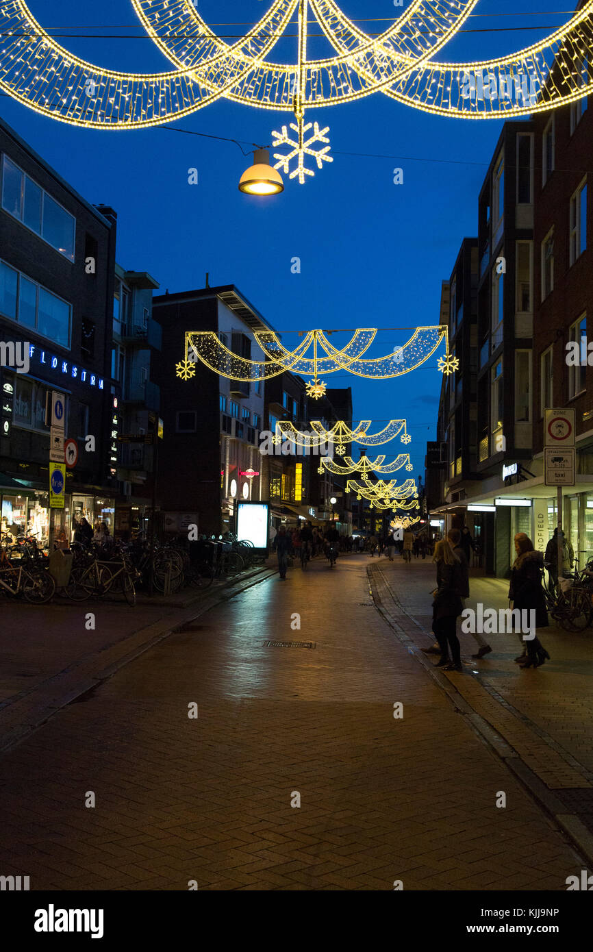 Christmas lights at dusk in Groningen, the Netherlands. The lights ...