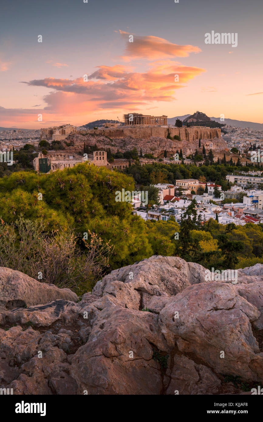 View of Athens and Acropolis from Filopappou hill at sunrise, Greece ...