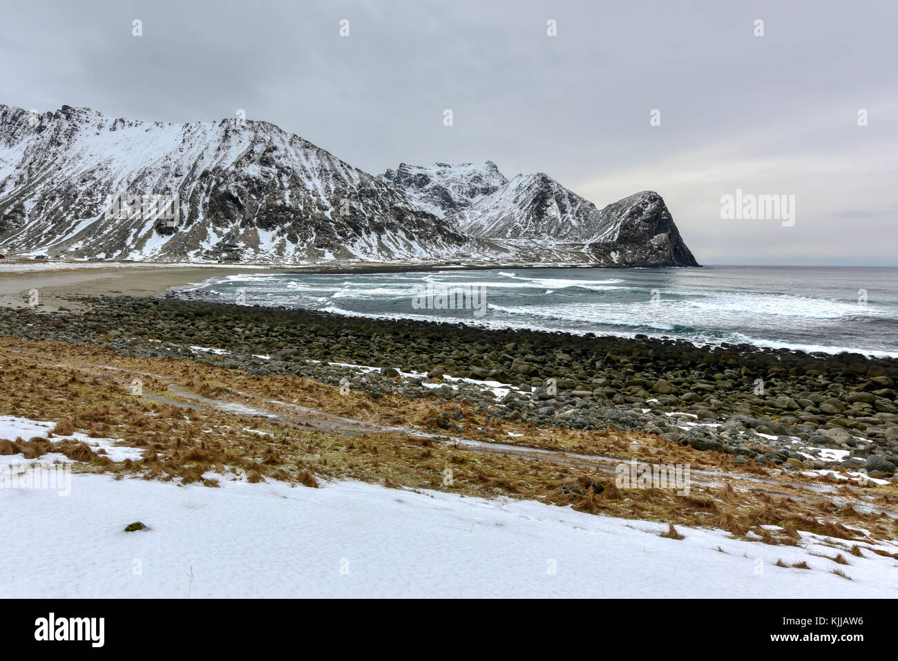 Unstad Beach in the Lofoten Islands, Norway in the winter Stock Photo ...