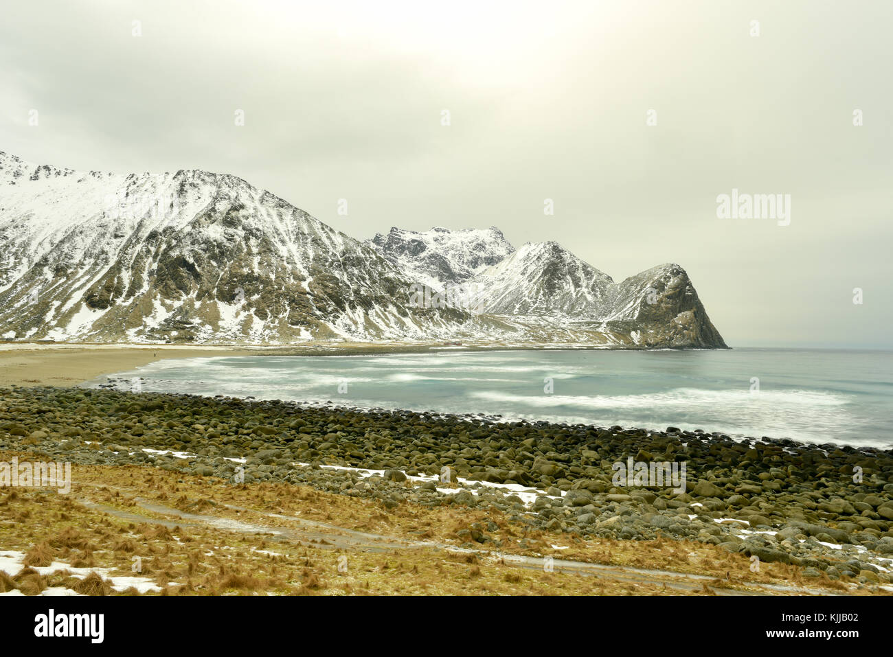 Unstad Beach in the Lofoten Islands, Norway in the winter Stock Photo ...