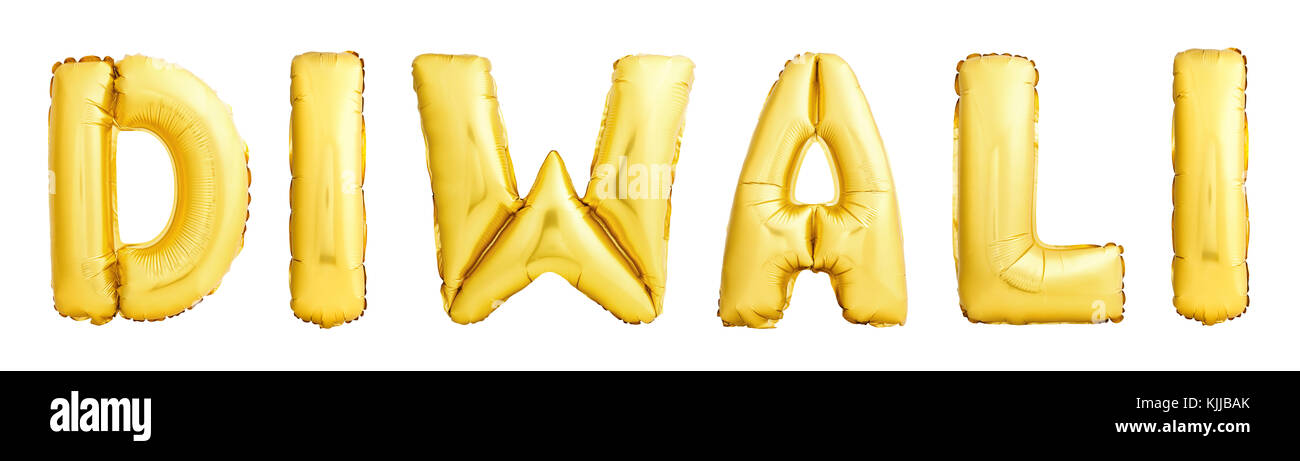 Diwali festival name made of golden inflatable balloon on white Stock ...