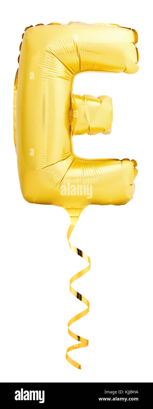 Golden letter E made of inflatable balloon with golden ribbon Stock ...