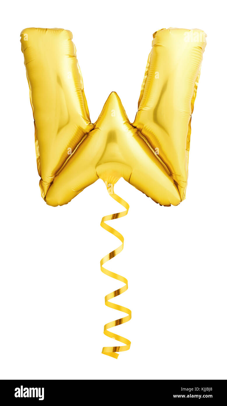 Golden letter W made of inflatable balloon with ribbon isolated on ...
