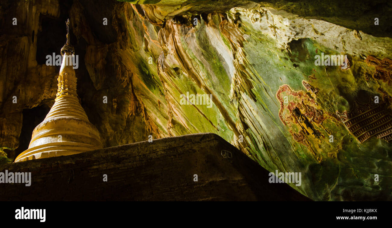 Gilded stupa erected in the heart of a natural cave, Hpa-An, Myanmar ...
