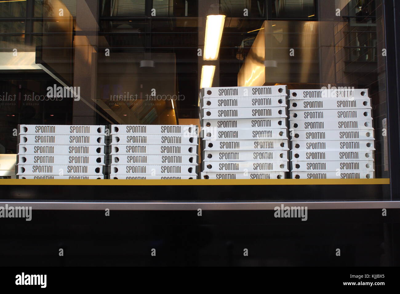 Spontini pizza take away boxes on the restaurant window Stock Photo - Alamy