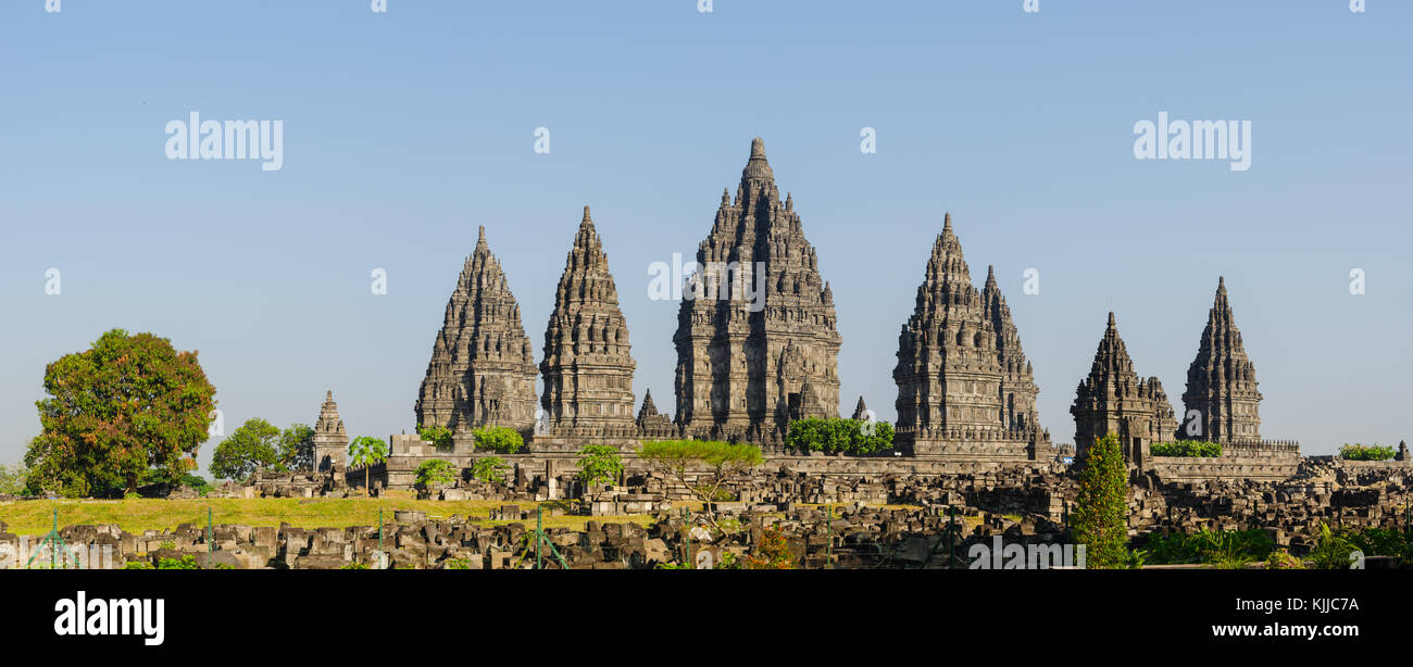 panorama view of ancient archaeological site of Prambanan with Hindu ...