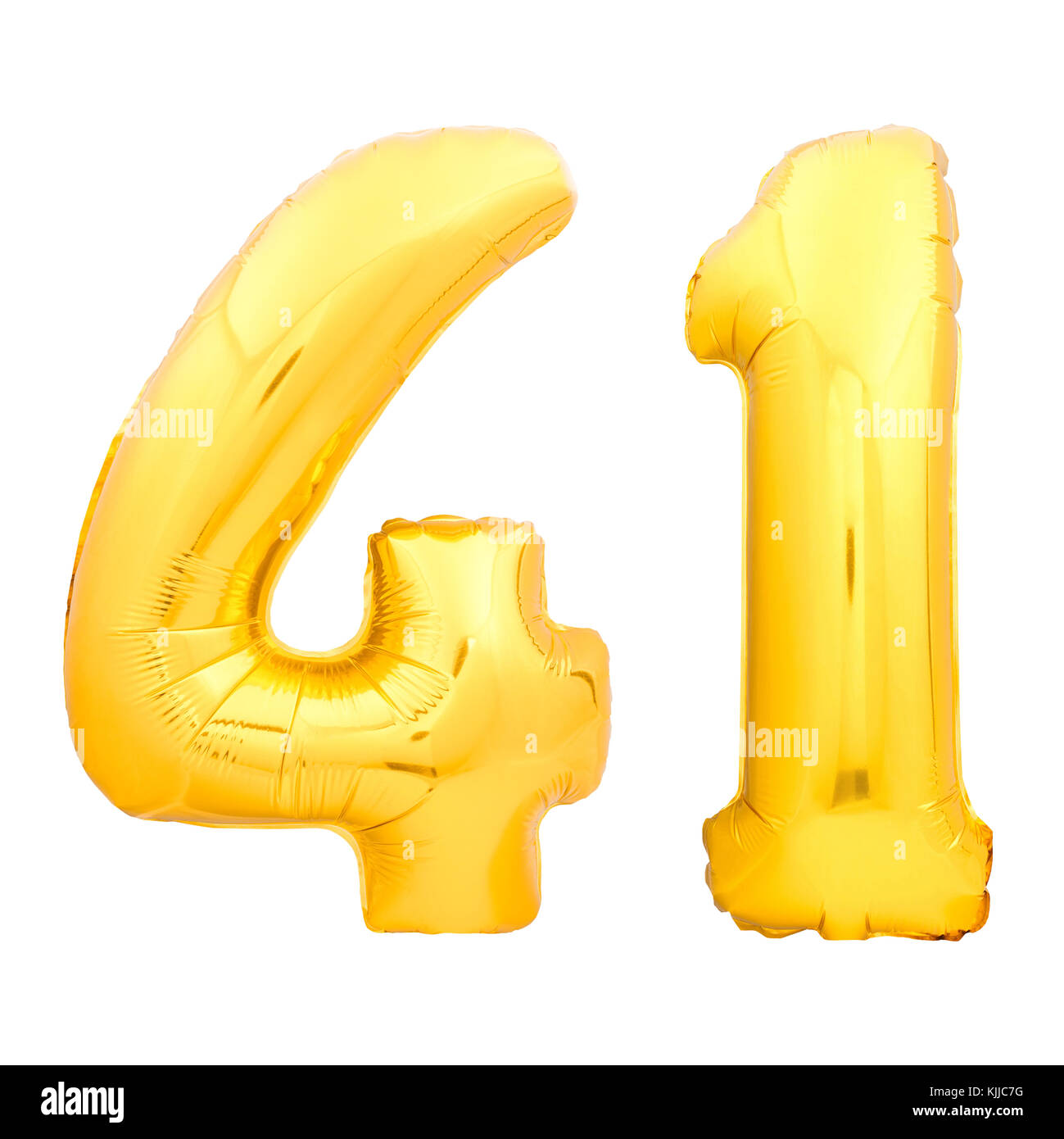 Golden number 41 fourty one made of inflatable balloon on white Stock ...