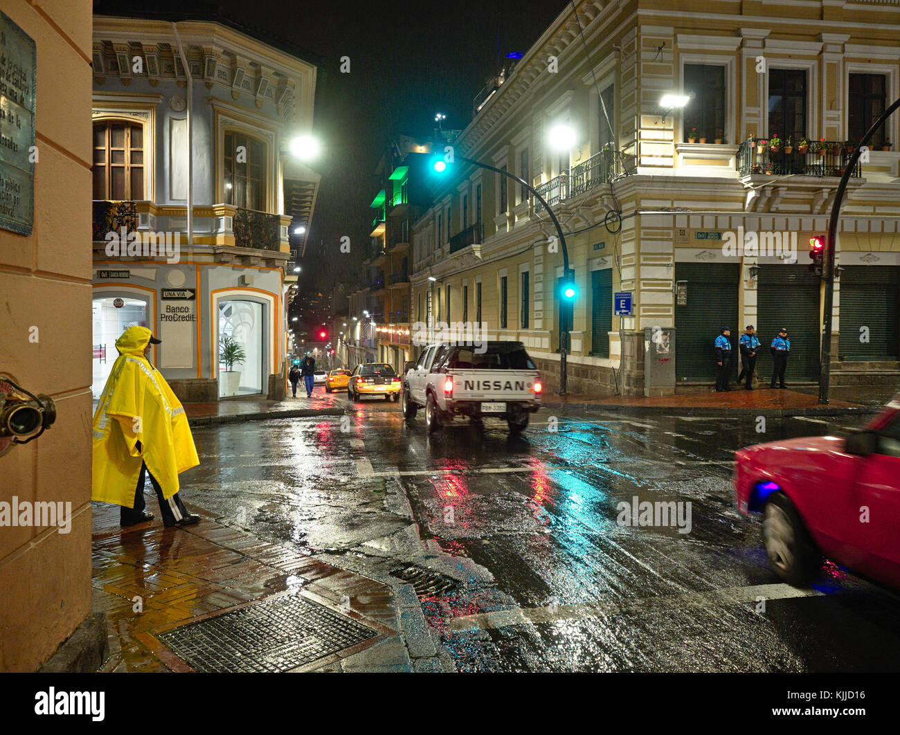 Quito, Ecuador - 2017: A street at the historic center on a rainy night ...
