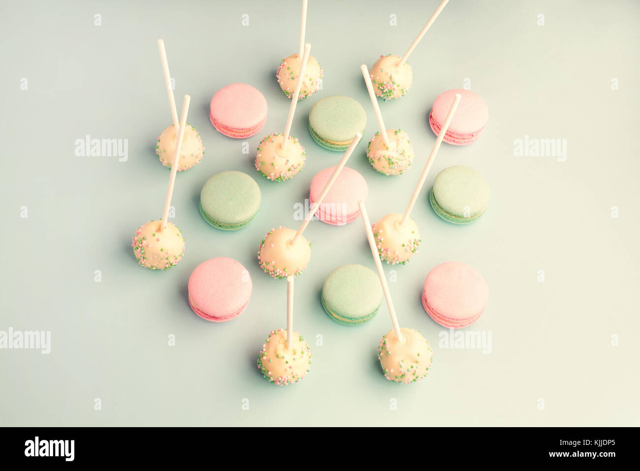 Top view of pastel color macaroons with cake pops Stock Photo - Alamy
