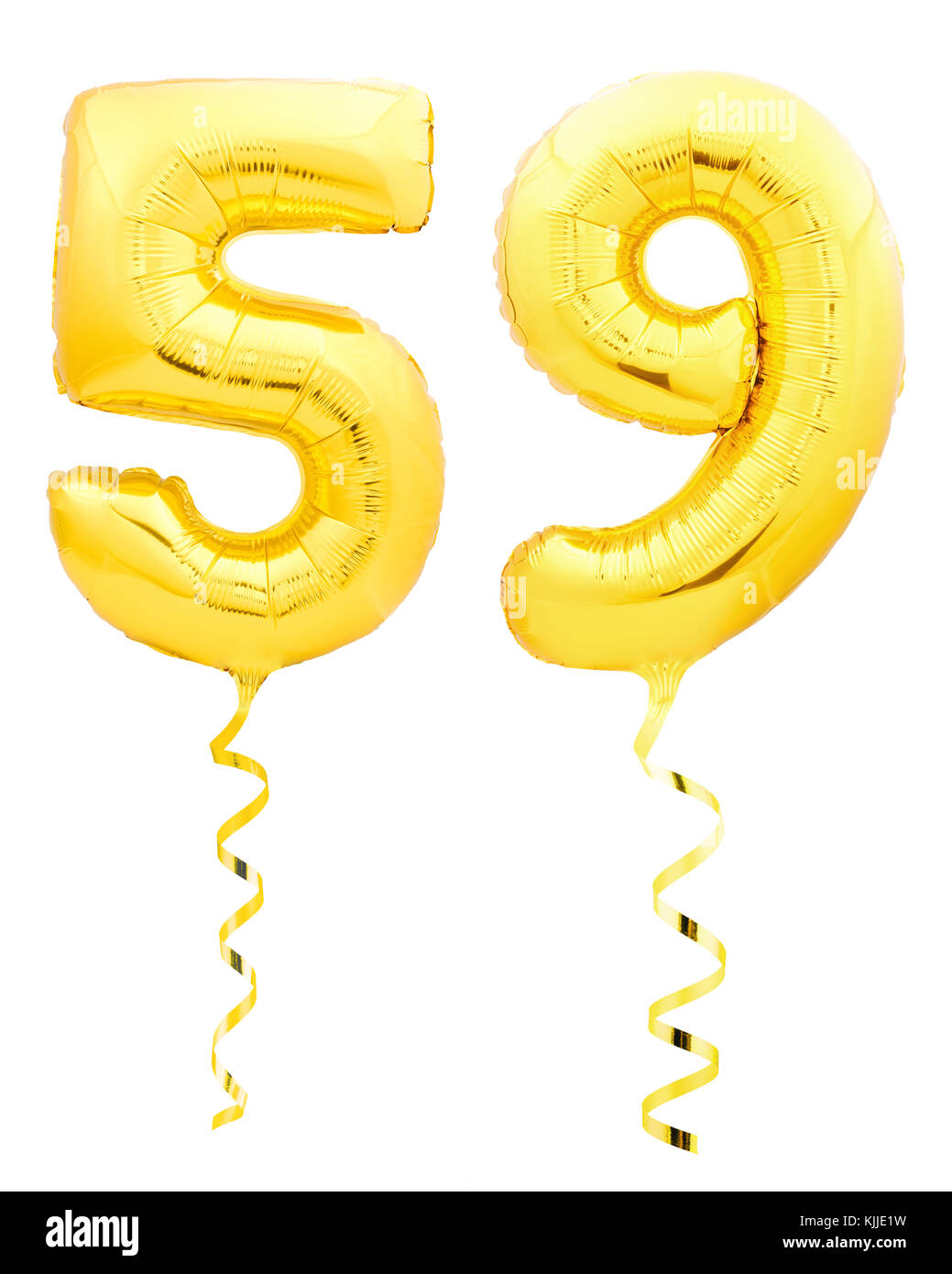 Golden number fifty nine 59 made of inflatable balloon with ribbon on ...