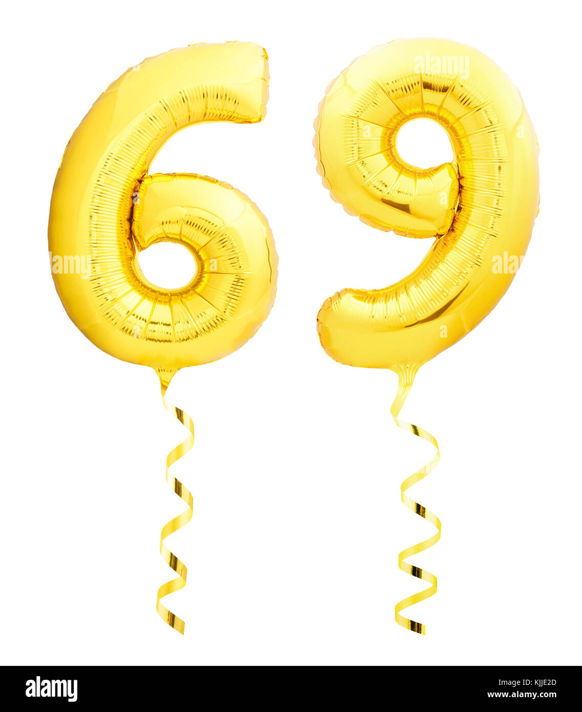 Golden number sixty nine 69 made of inflatable balloon with ribbon on ...
