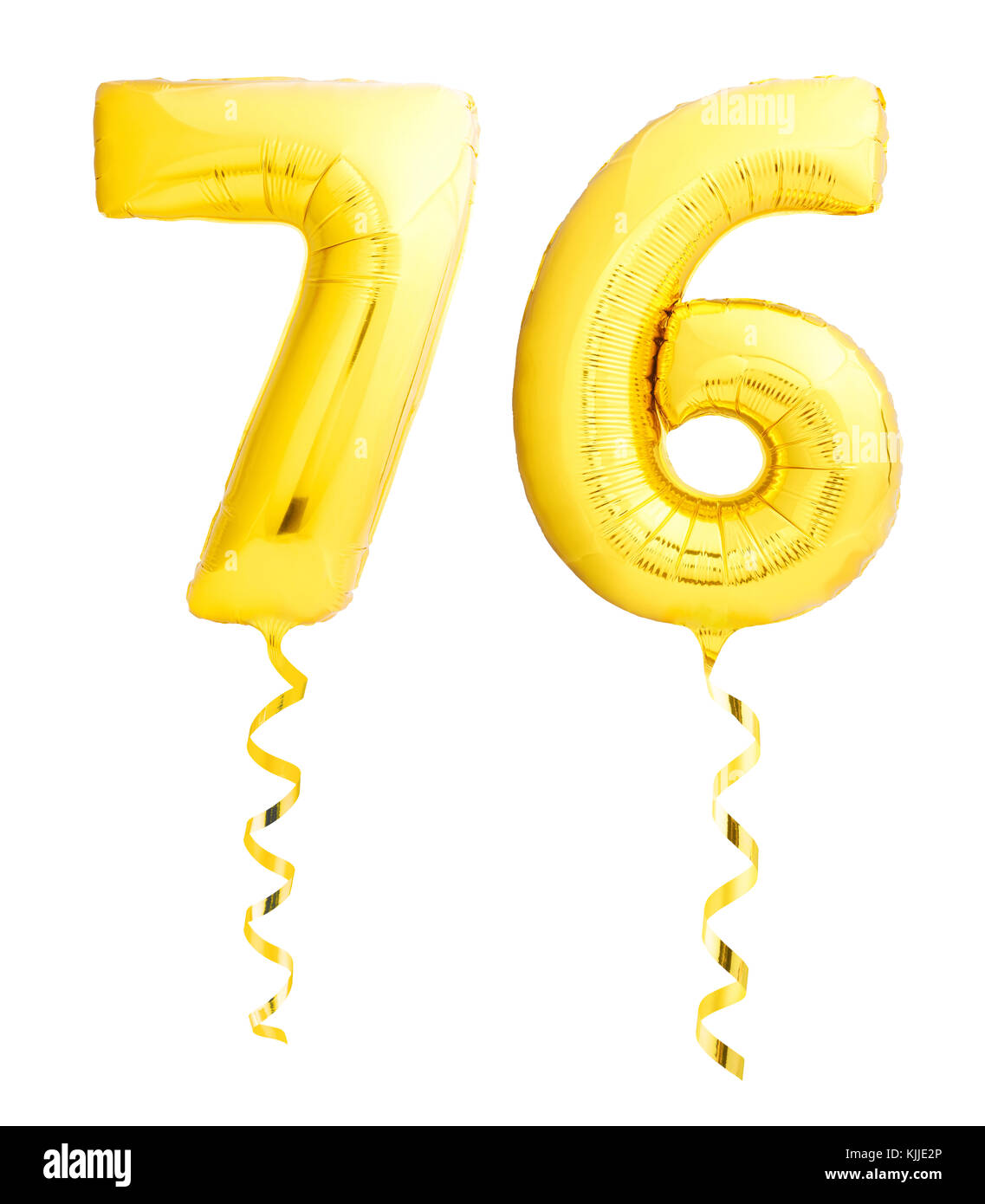 Golden number seventy six 76 made of inflatable balloon with ribbon on ...