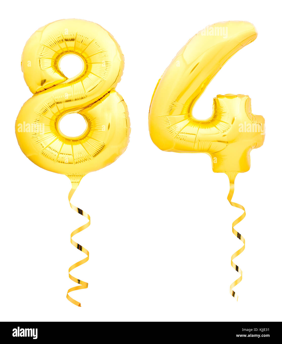 Golden number eighty four 84 made of inflatable balloon with ribbon on ...