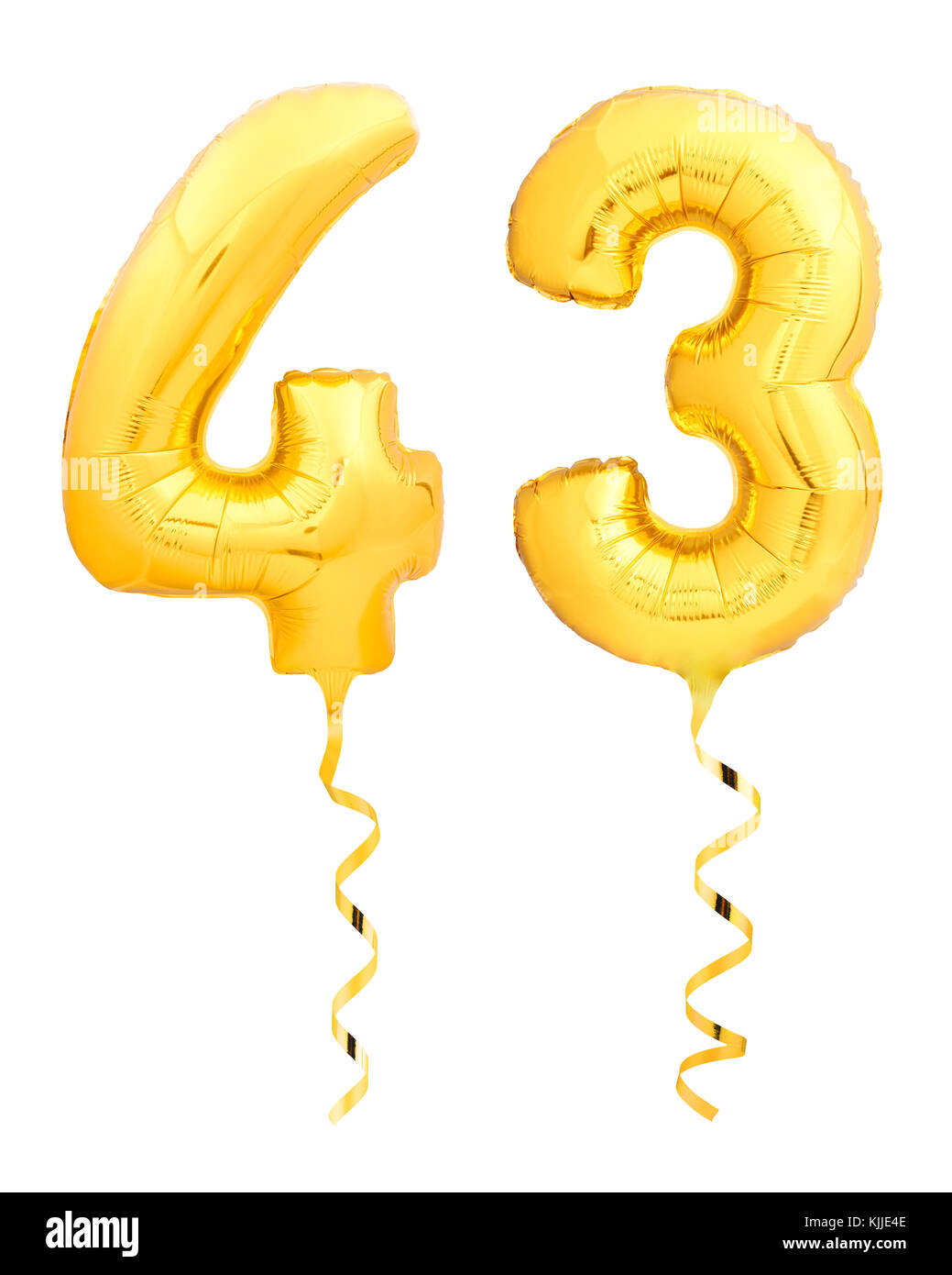 Golden number forty three 43 made of inflatable balloon with ribbon on ...