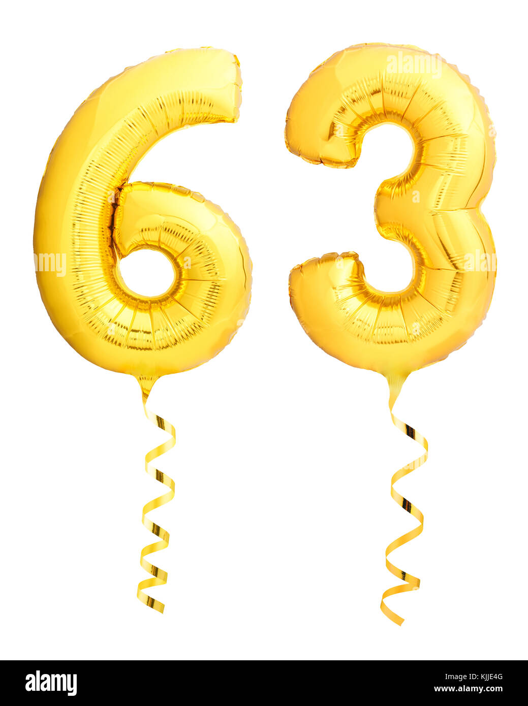 Golden number sixty three 63 made of inflatable balloon with ribbon on ...