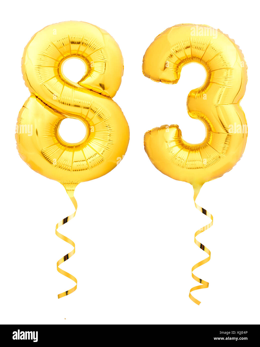 Golden number eighty three 83 made of inflatable balloon with ribbon on ...