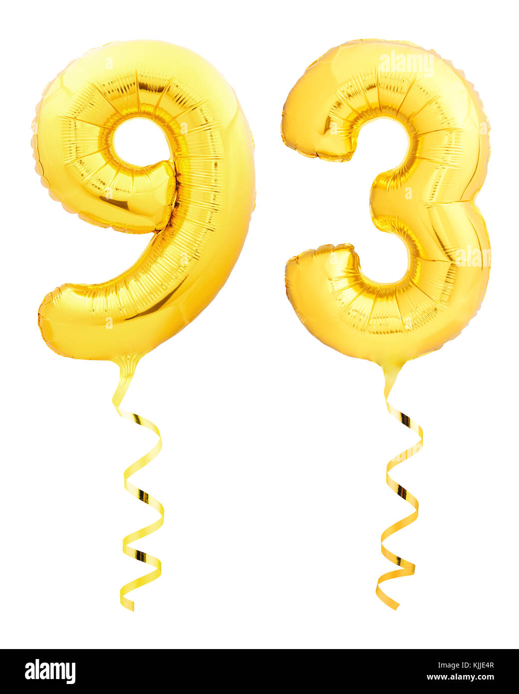 Golden number ninety three 93 made of inflatable balloon with ribbon on ...