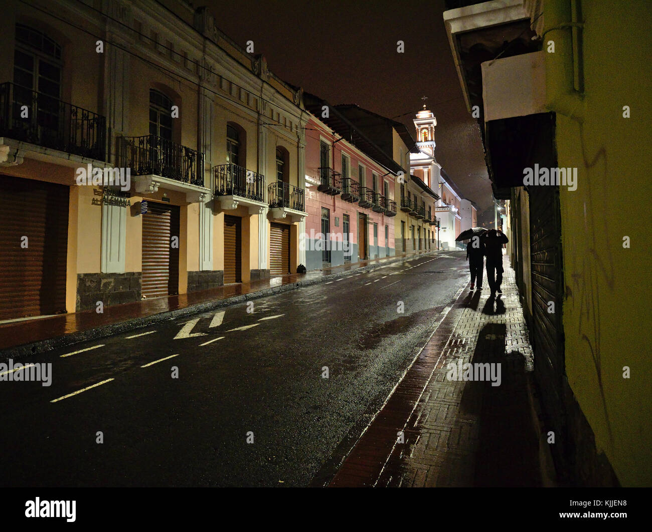 Quito, Ecuador - 2017: A street at the historic center on a rainy night ...