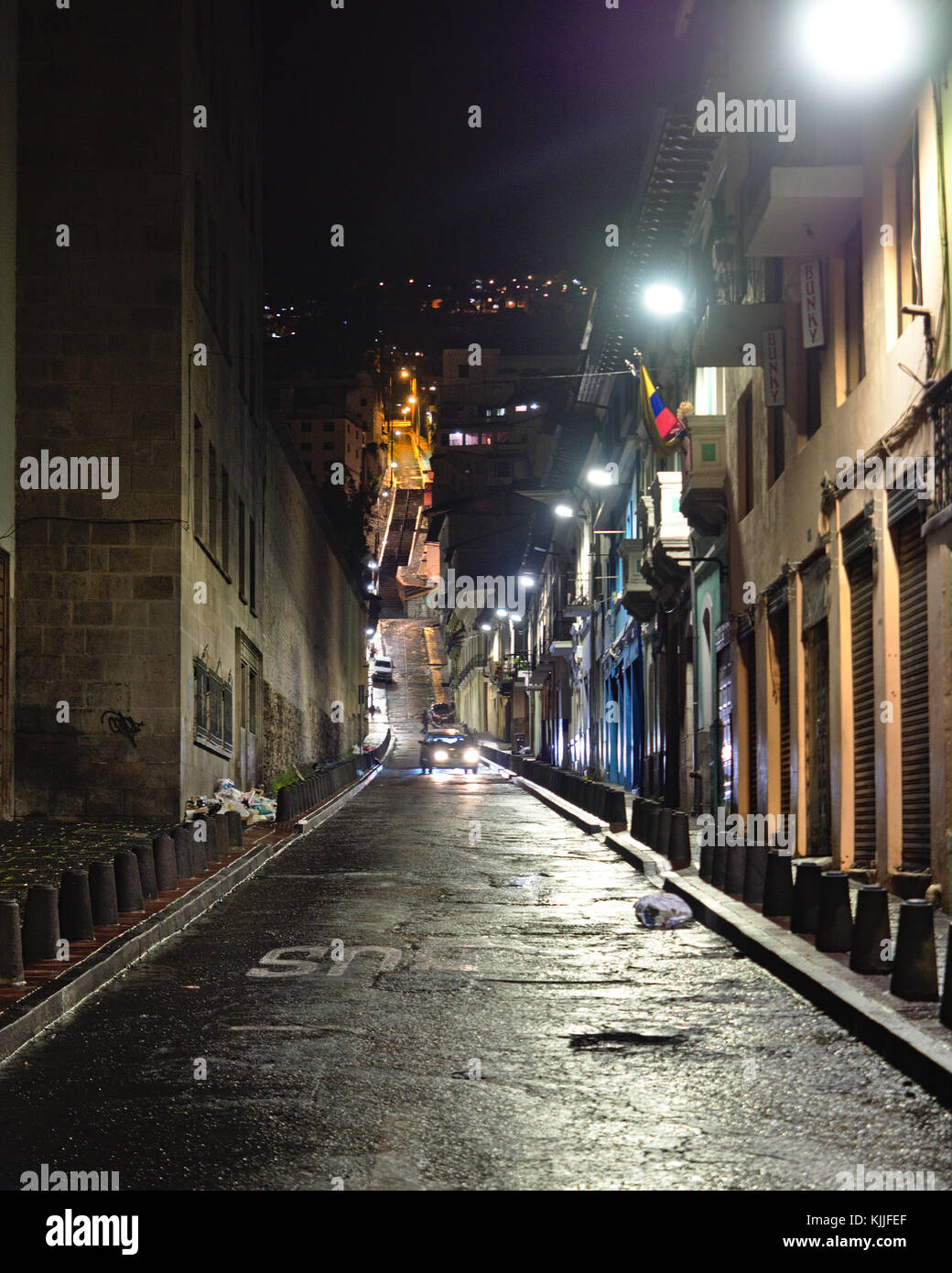 Quito, Ecuador - 2017: A street at the historic center on a rainy night ...