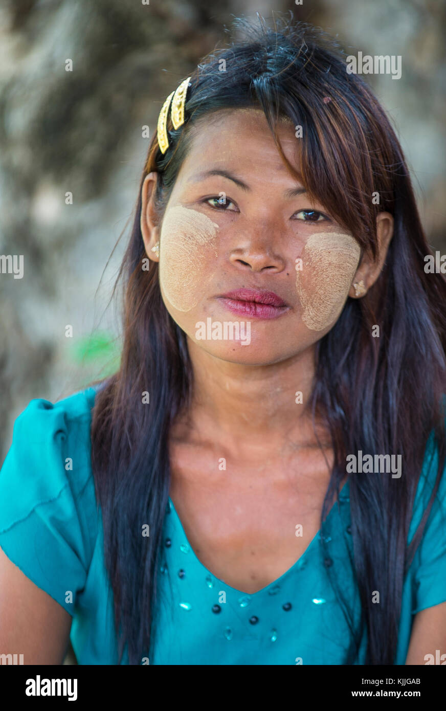 Portrait of Burmese girl with thanaka on face on Mandalay Myanmar Stock ...