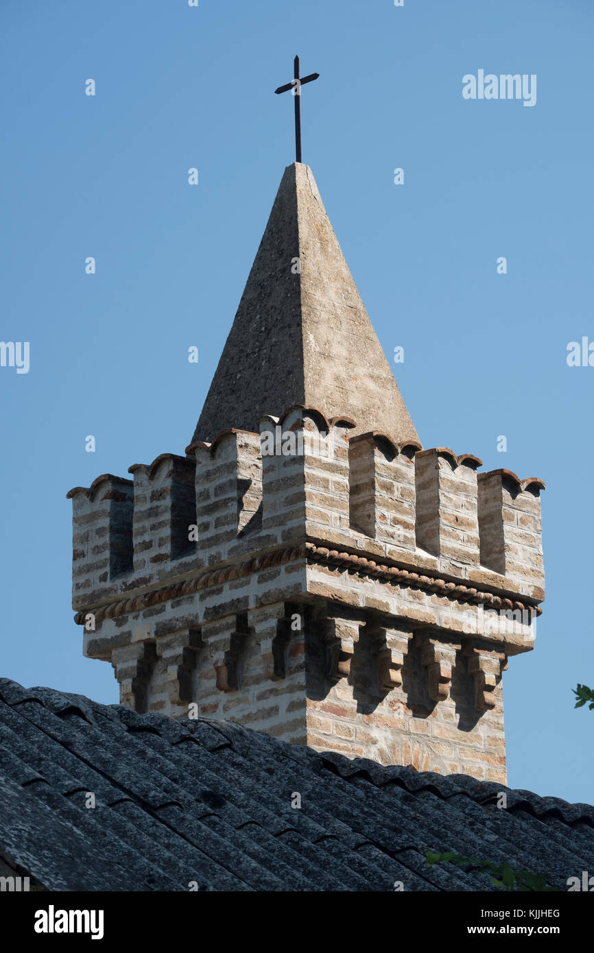 Tower with cross on the top of old building near Recanati (Ancona ...