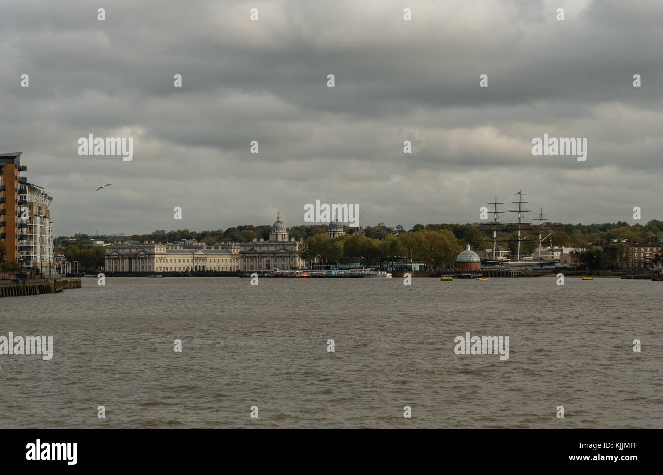 University of Greenwich and Cutty Sark viewed from Thames river in late ...