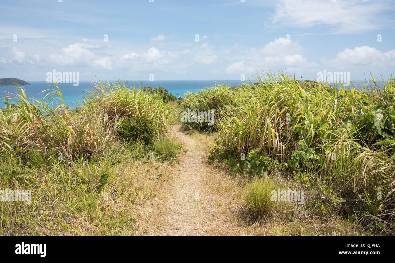 DRAVUNI ISLAND, FIJI, PACIFIC ISLANDS-NOVEMBER 29,2016: Person hiking ...