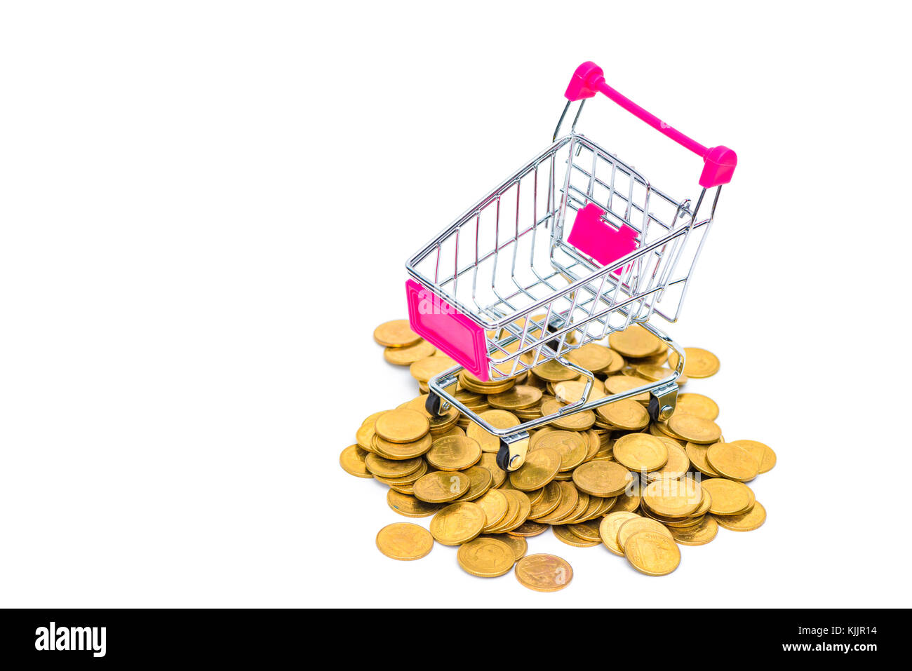 Stack of coins and shopping cart or supermarket trolley on isolated ...