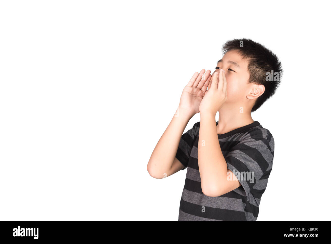 Asian child yelling, screaming, shouting, hand on his mouth, isolated ...