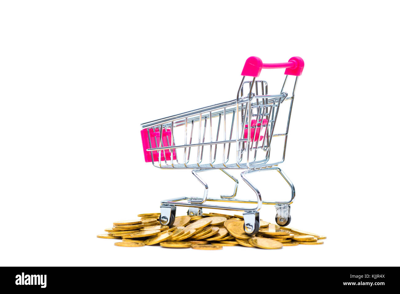 Stack of coins and shopping cart or supermarket trolley isolated on ...