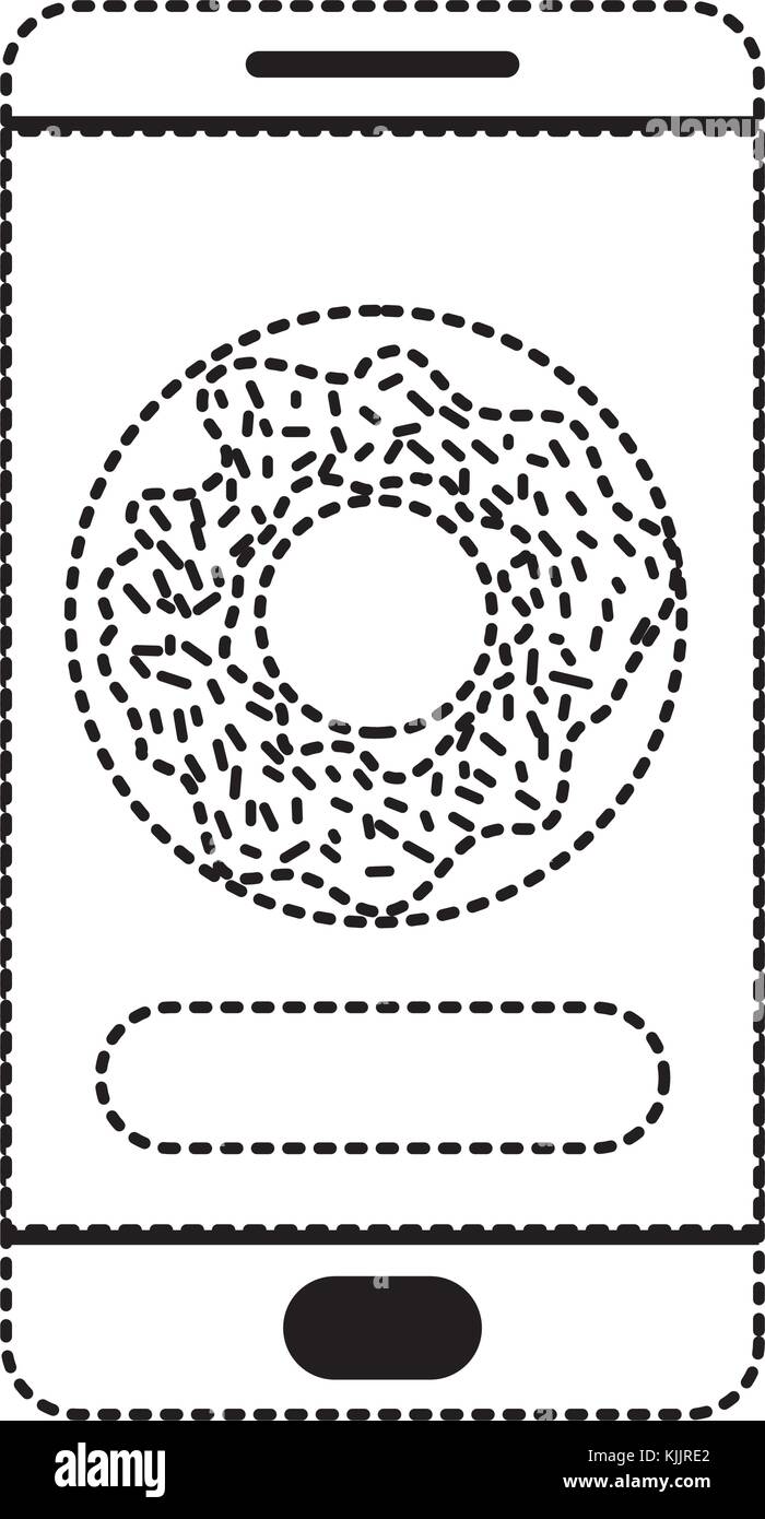 smartphone with food app with donut icon in black dotted silhouette on ...