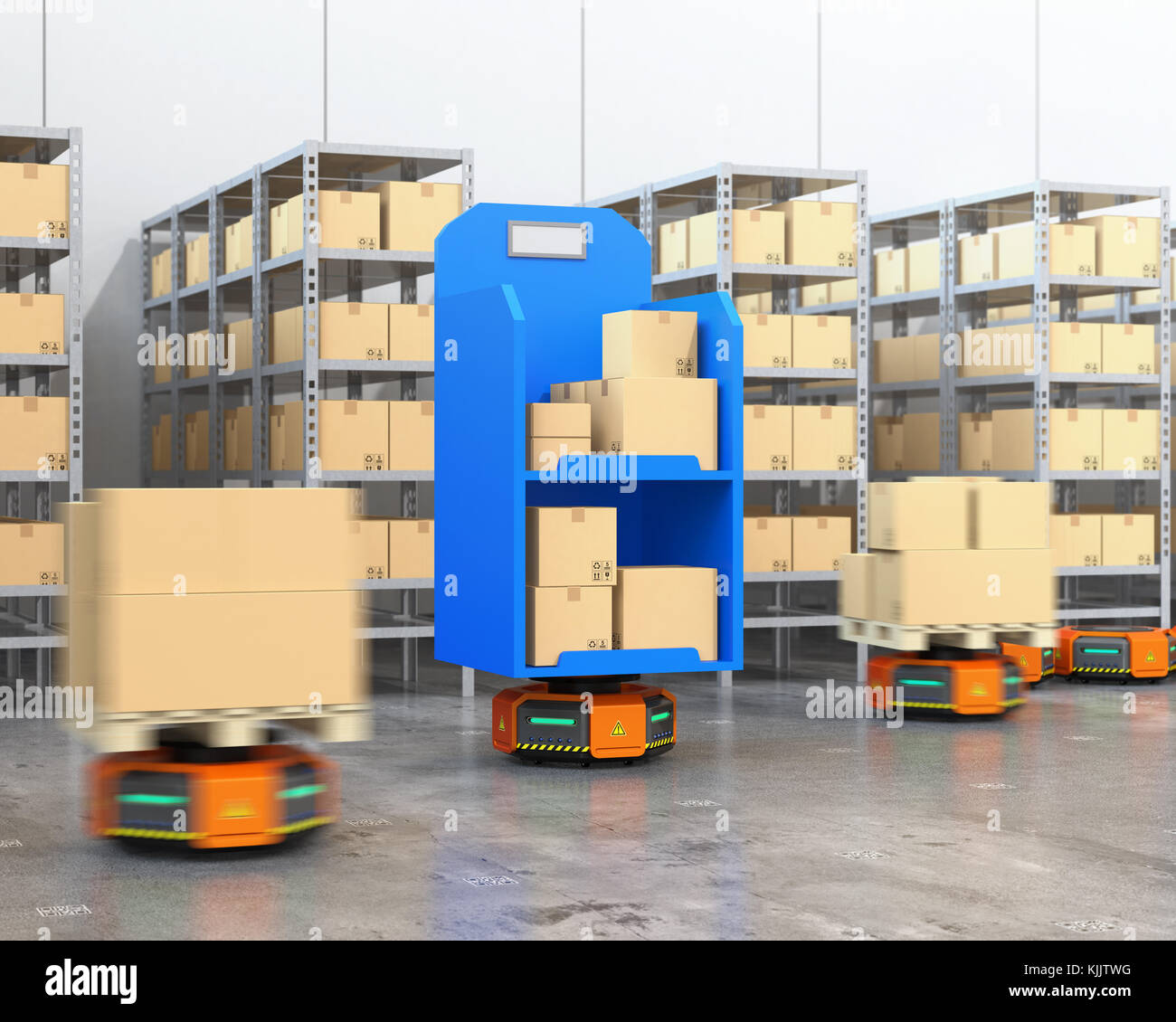 Robot carriers carrying goods in modern warehouse. Modern delivery ...