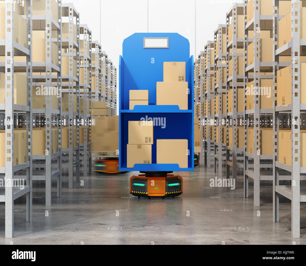 Robot carriers carrying goods in modern warehouse. Modern delivery ...