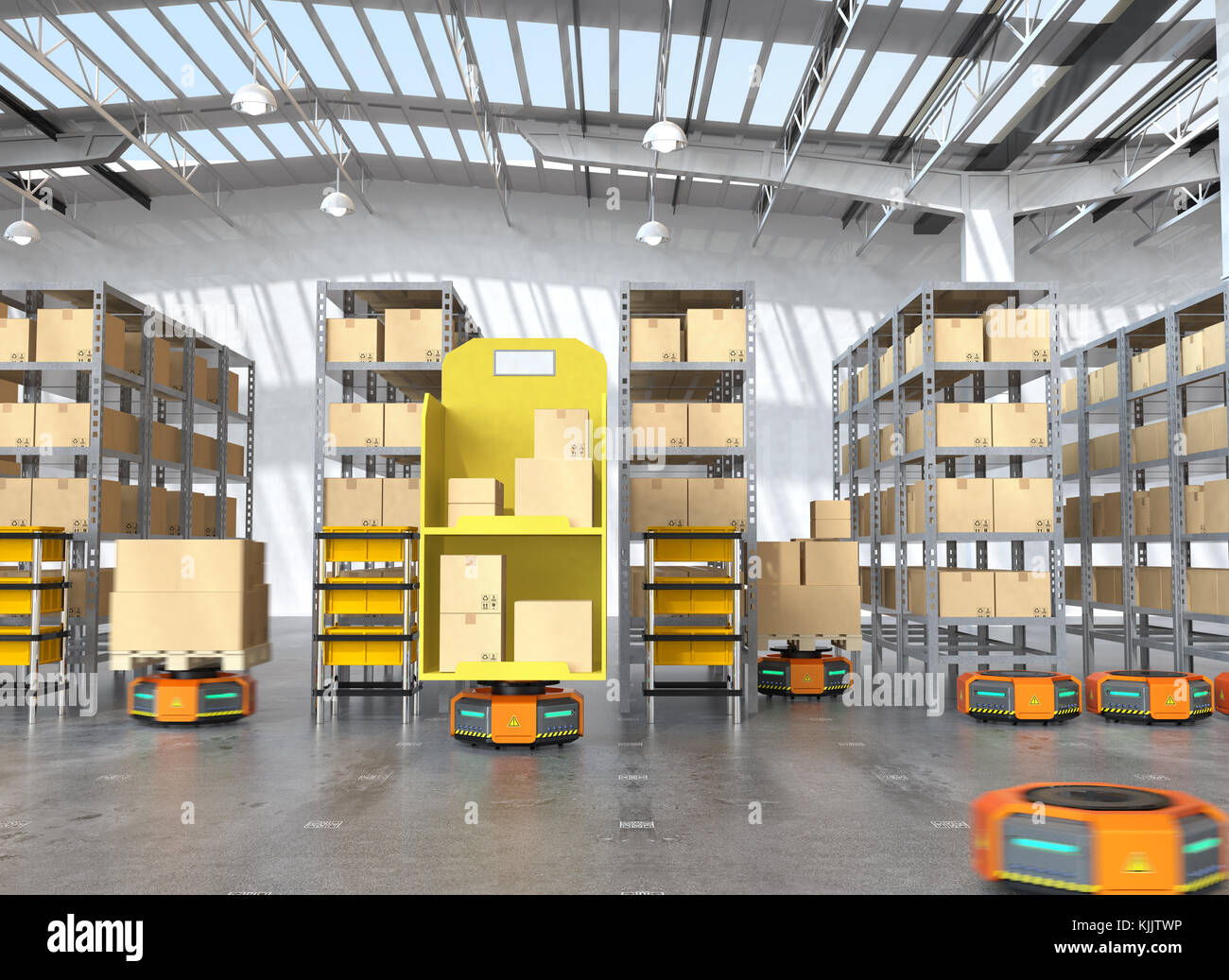 Robot carriers carrying goods in modern warehouse. Modern delivery ...