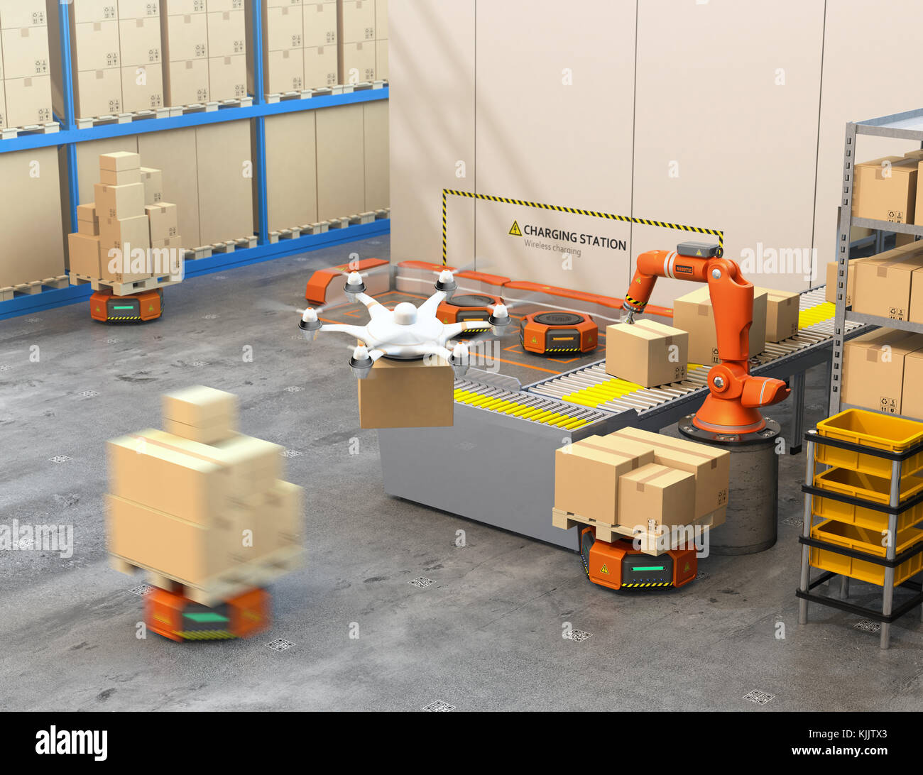 Modern warehouse equipped with robotic arm, drone and robot carriers ...