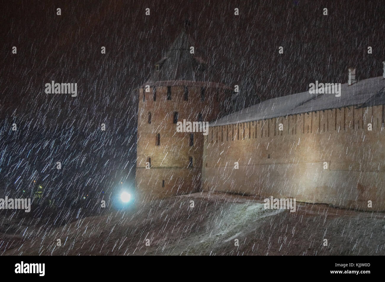 The walls of the Veliky Novgorod fortress in a heavy snow storm Stock ...