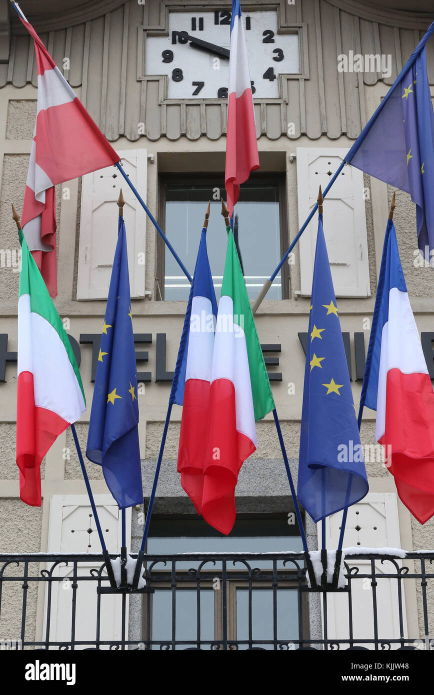 City hall. French, italian and european flags. France Stock Photo - Alamy