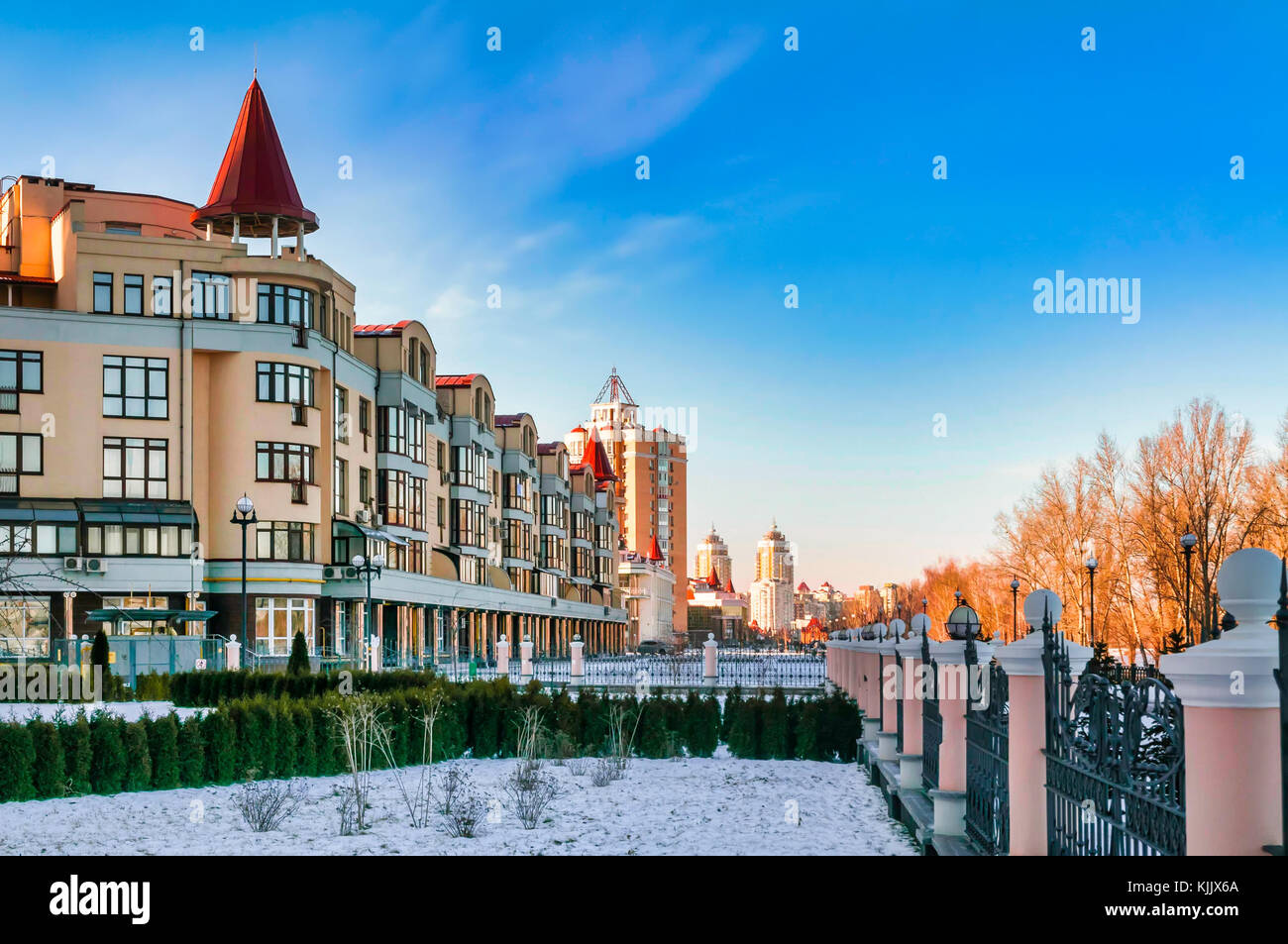 A view of Obolonska Naberezhna in the Obolon district of Kiev, Ukraine ...