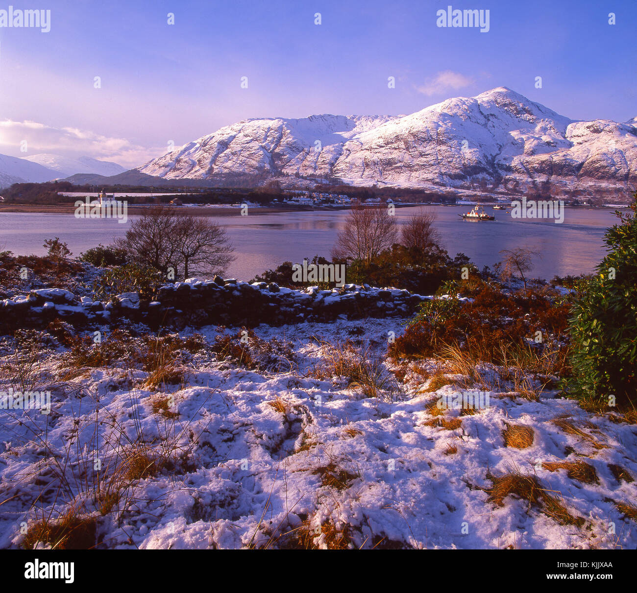 Winter scene looking across the Corran Narrows towards Ardgour village ...