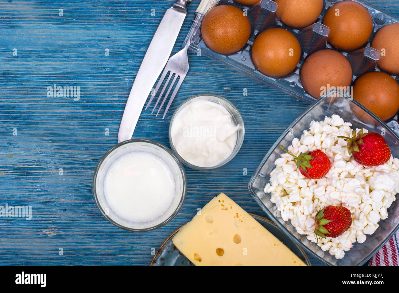 Blue table, served with dairy products, top view. Studio Photo Stock ...