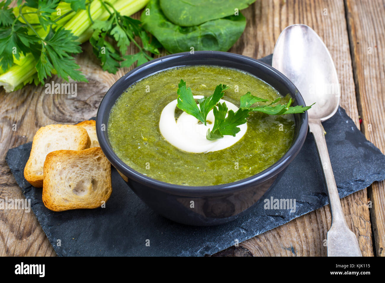 Diet and healthy food. Soup puree from green vegetables. Studio Photo ...