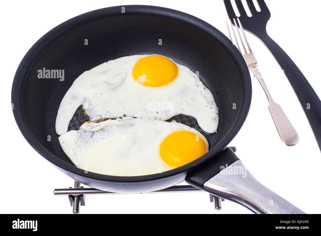 Two fried eggs on Teflon frying pan. Studio Photo Stock Photo - Alamy