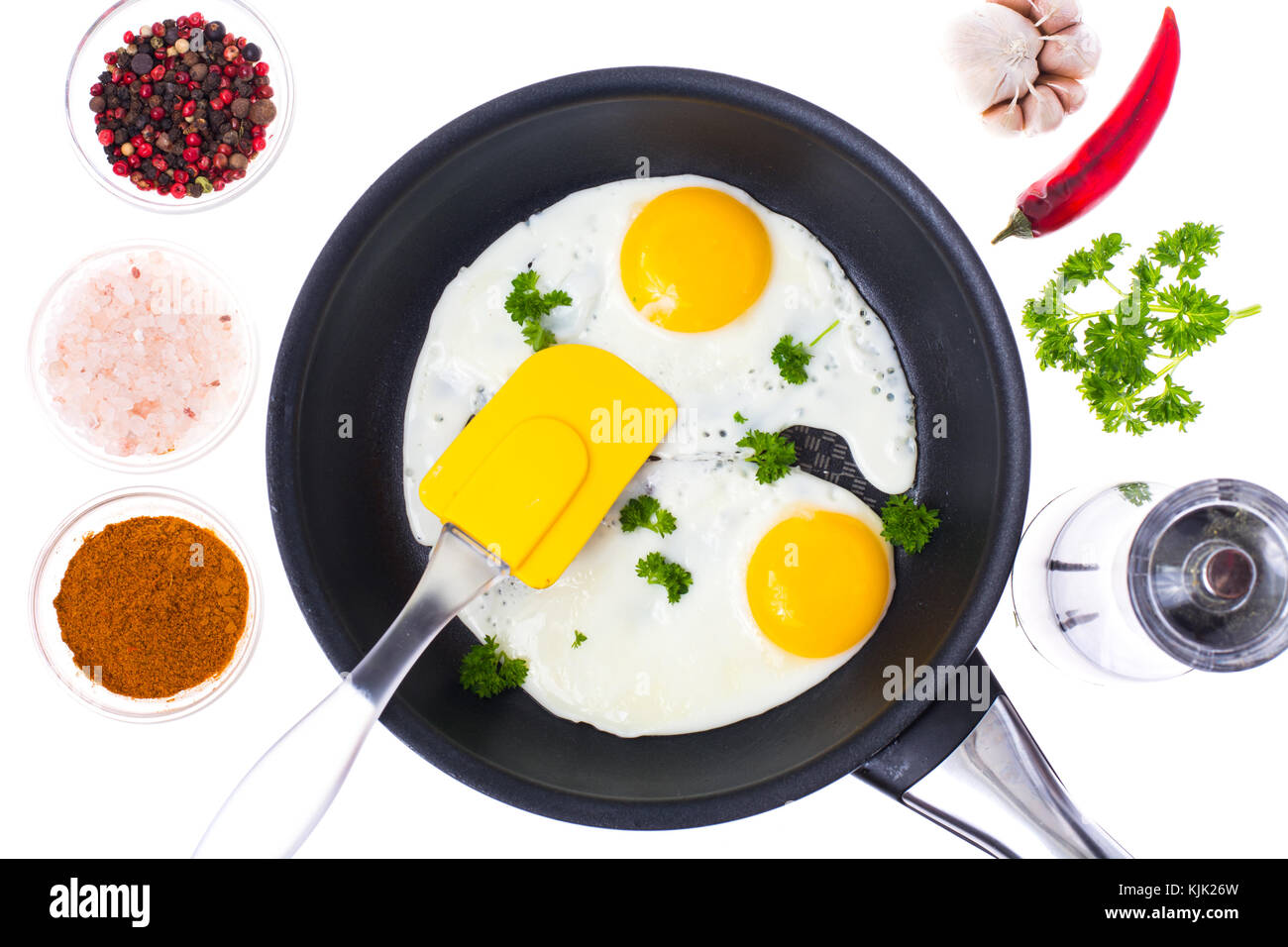 Two fried eggs on Teflon frying pan. Studio Photo Stock Photo - Alamy
