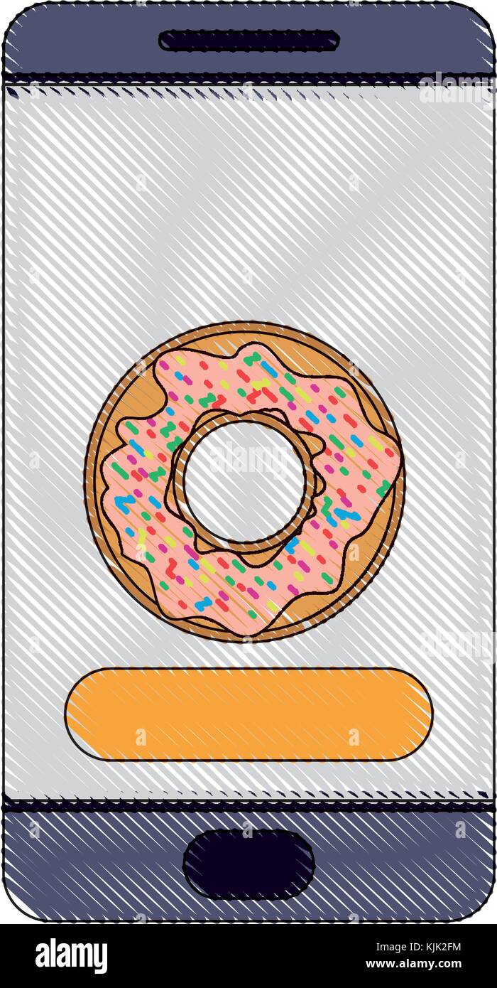 smartphone with food app with donut icon in colored crayon silhouette ...