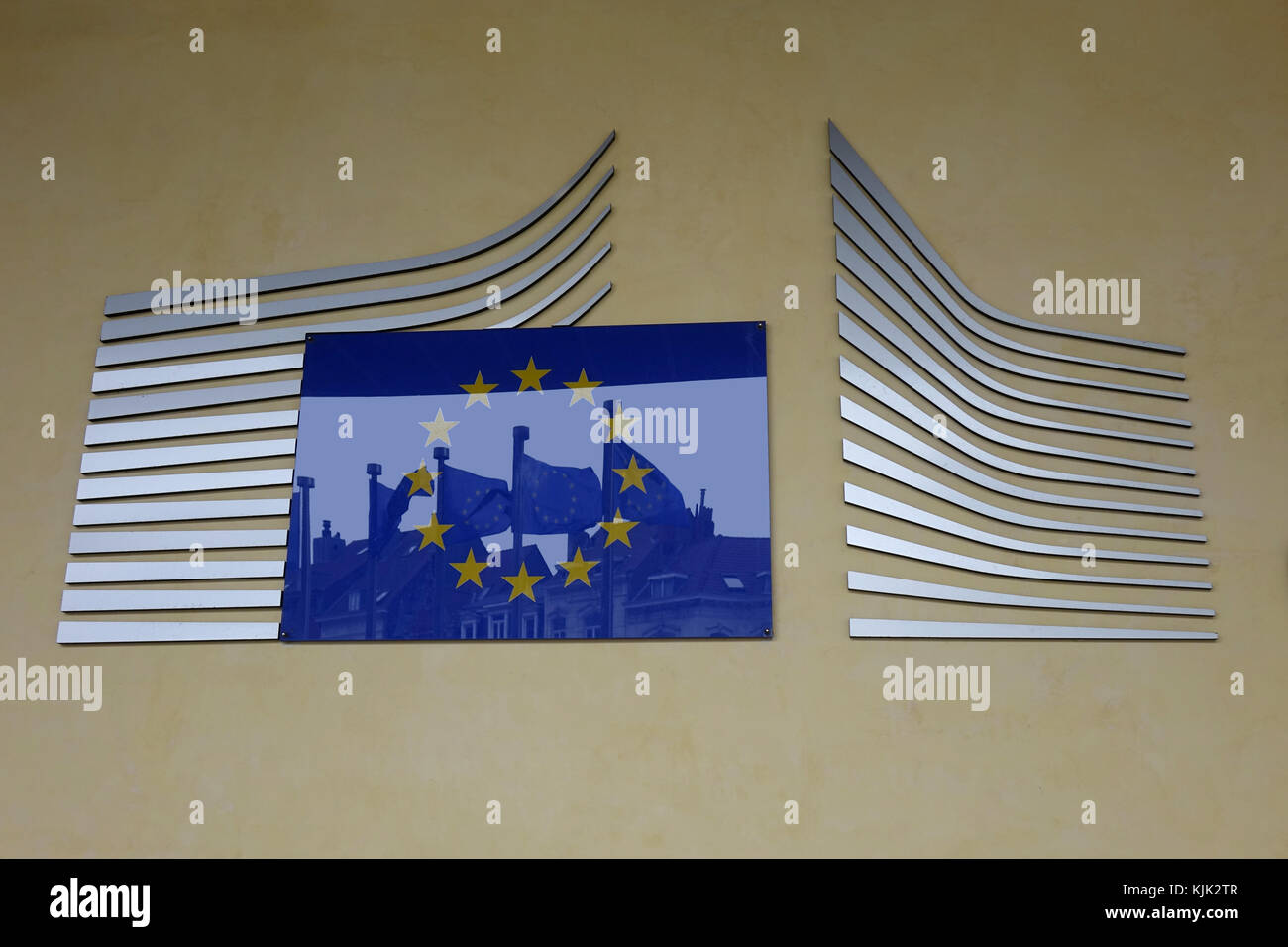 A sign featuring the EU logo on the European Commission building, with ...