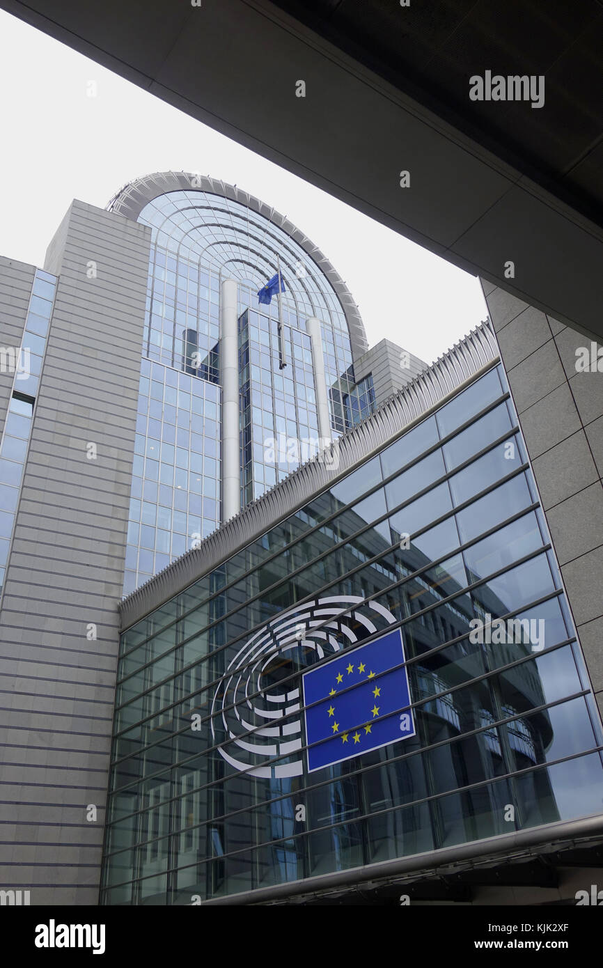 The European Parliament building, which features the logo of the ...
