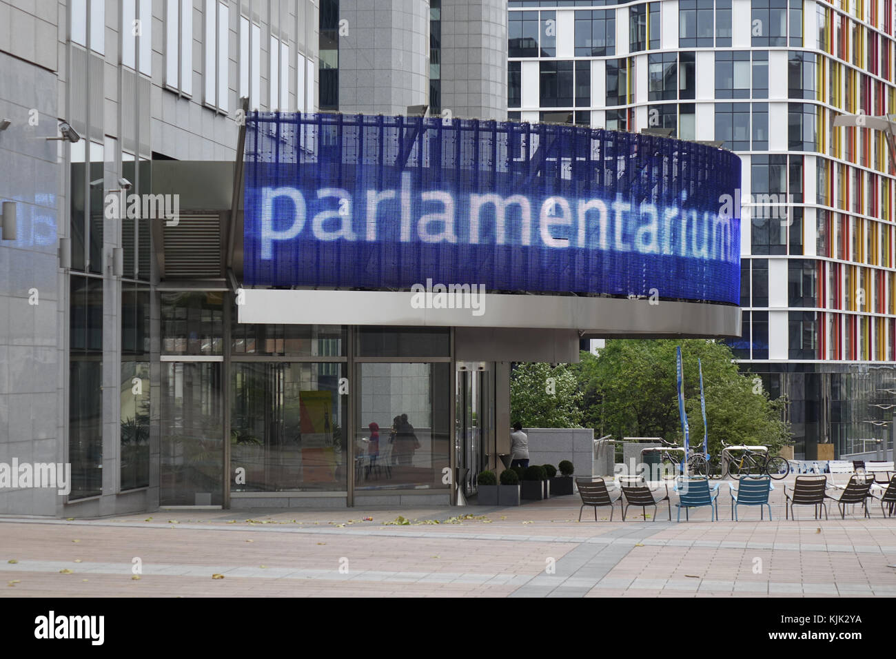 The entrance of the Parlamentarium at the European Parliament in the ...