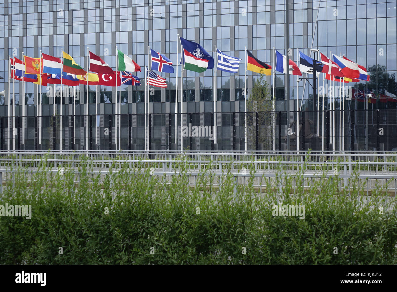 The flags of member states outside the new building of the NATO ...