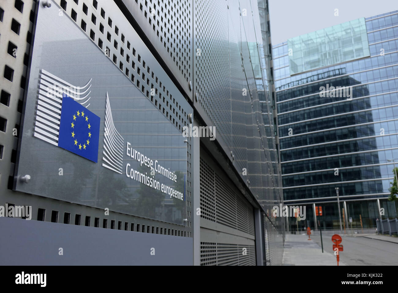 A sign featuring the EU logo at the European Commission building in the ...