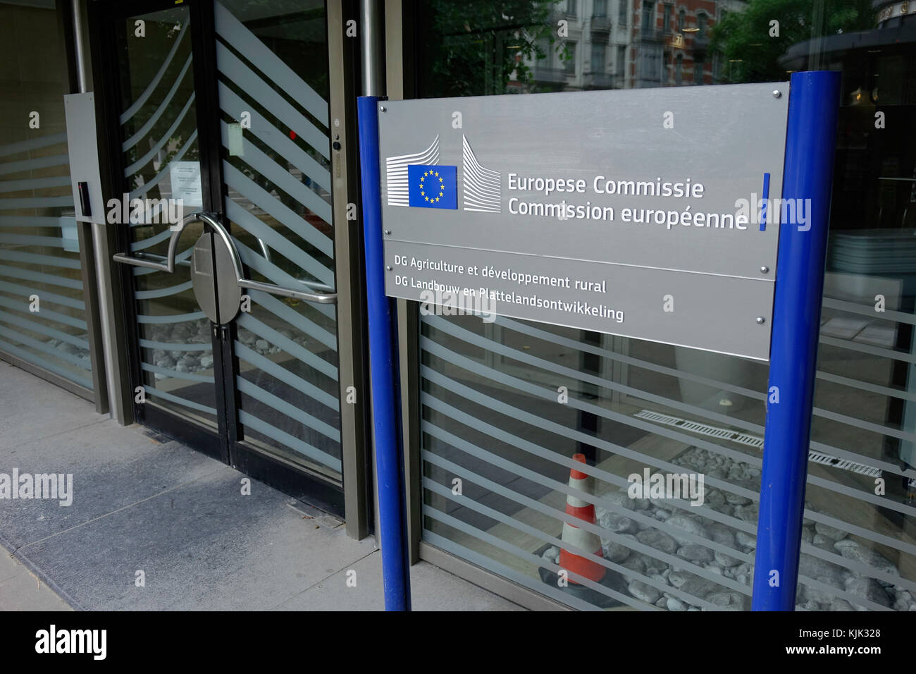 A sign featuring the EU logo at the entrance to the European Commission ...